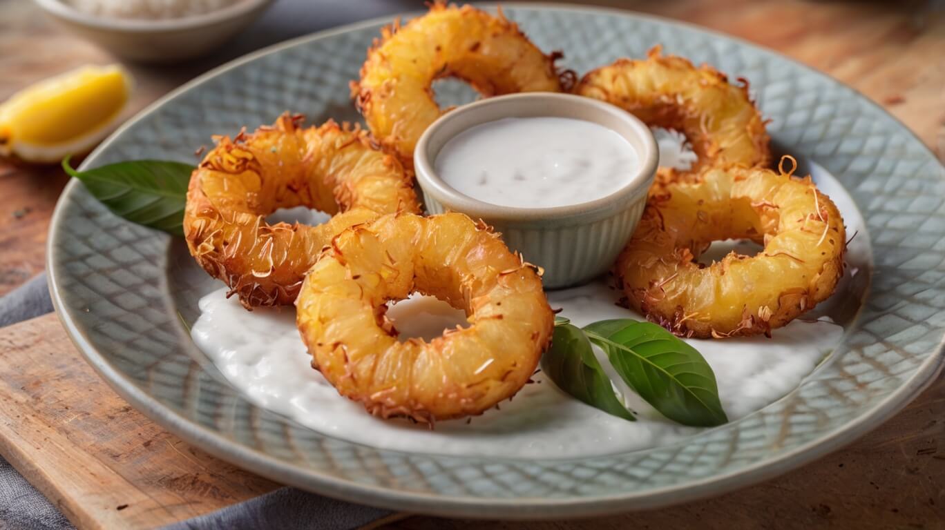 Fried Pineapple Rings With Coconut Dipping Sauce